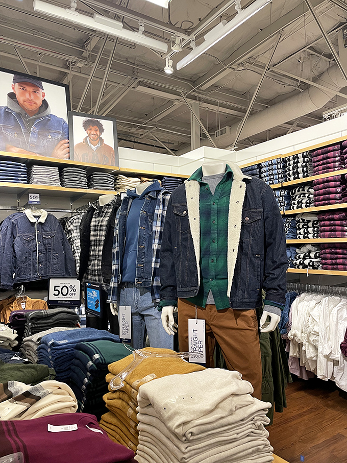 Mannequins sporting the latest denim trends, silently judging your current wardrobe while offering 50% off alternatives.