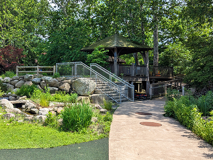 Elevated garden views await at this rustic gazebo&mdash;the perfect spot for pretending you're in a Jane Austen novel.