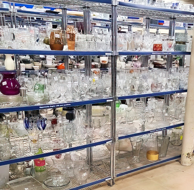 Crystal and glassware gleaming on shelves, ready to class up your dinner parties without decimating your bank account.