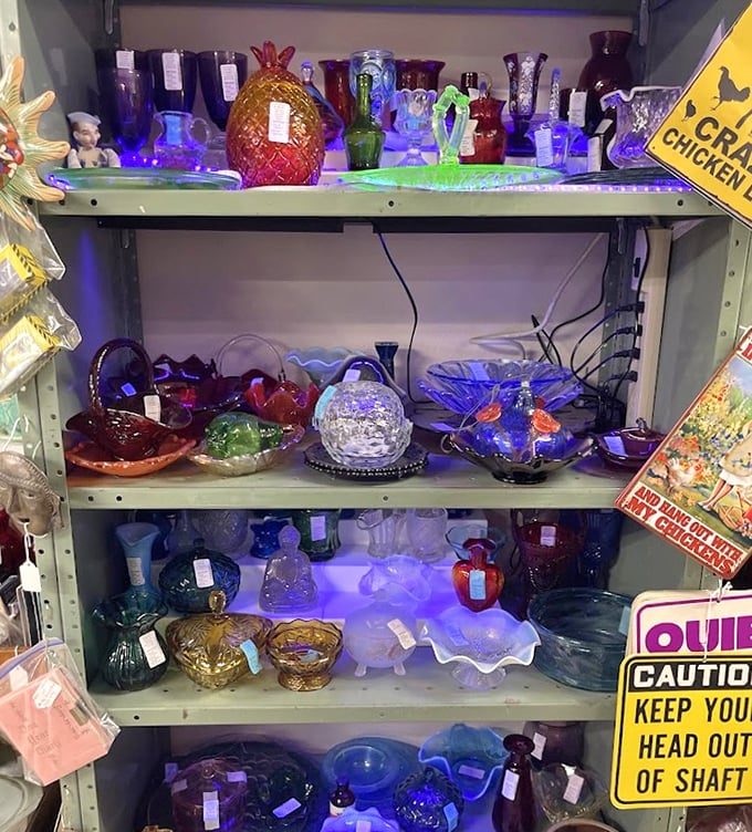 Illuminated glassware glows with electric blue magic, transforming ordinary shelves into an enchanted display case of colorful possibilities.