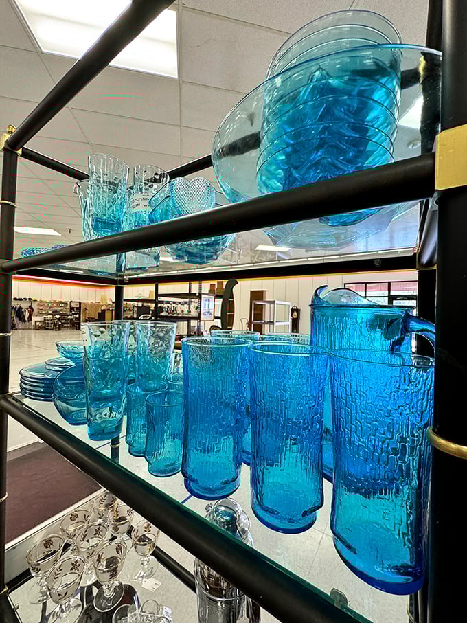 Ah, vintage blue glassware! Grandmother's dining table comes rushing back in a flood of Sunday dinner memories. Each piece catching light like Mediterranean waters.