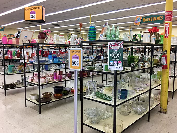 In the housewares section, vintage glassware and modern mugs coexist like a multigenerational family reunion of tabletop treasures.