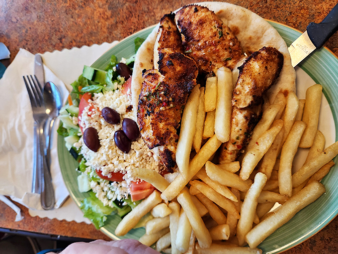 Not just lunch—it's a Mediterranean vacation on a plate, complete with grilled souvlaki that would make Zeus himself put down his thunderbolt.