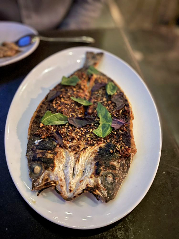 The whole branzino stares back as if to say, "Yes, I'm delicious and I know it." Crispy-skinned perfection with herbs that seal the deal.