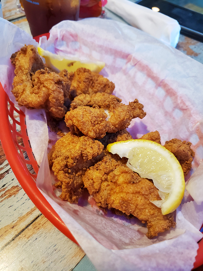 Golden-fried grouper nuggets that make chicken nuggets weep with inadequacy. The perfect finger food for your inner child and sophisticated palate alike.