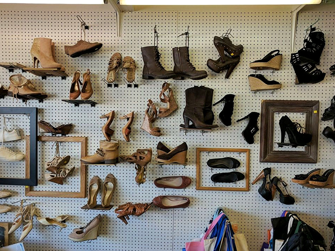 The shoe wall: where footwear gets the gallery treatment. Those vintage heels could tell stories that would make your podiatrist blush.