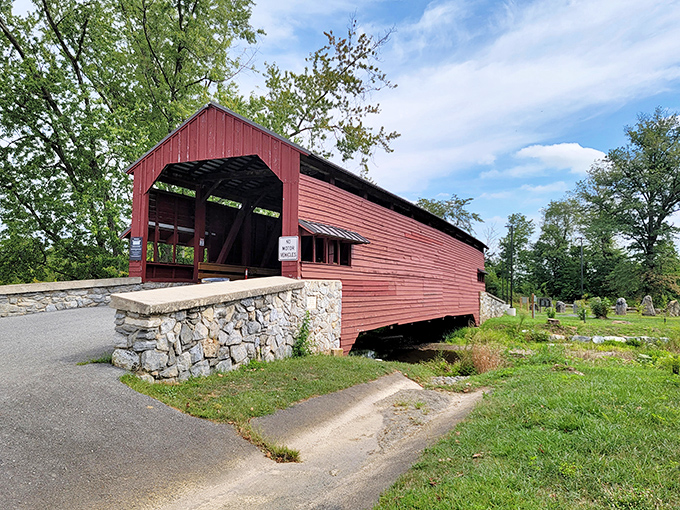 The Historic Shearer's Mill Covered Bridge – where horse-drawn buggies once crossed and modern visitors now pause to capture a perfect Instagram moment.