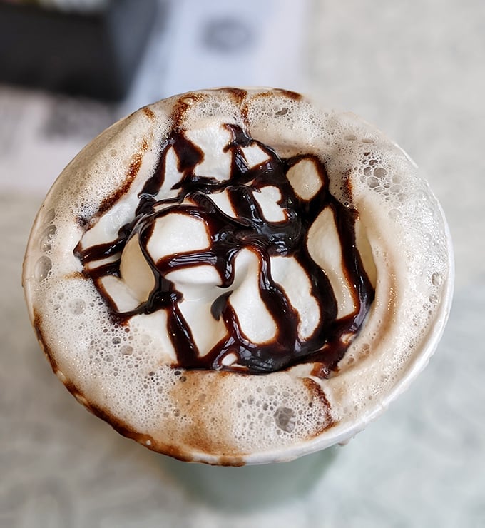 Hot chocolate that doesn't come from a packet, with chocolate drizzle creating a Jackson Pollock masterpiece you can actually afford to consume.