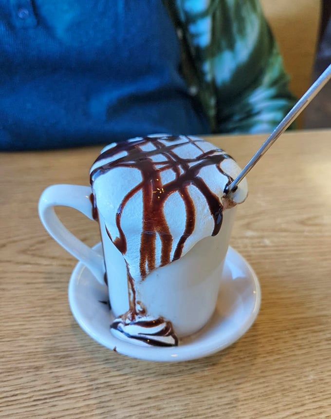 Hot chocolate that doesn't know the meaning of restraint. That chocolate drizzle is like Jackson Pollock decided to get into the beverage business.