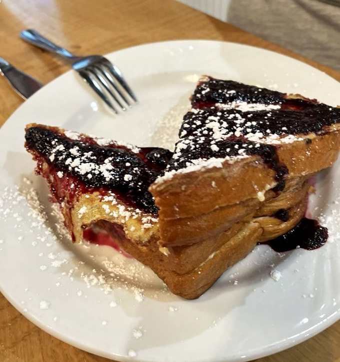 Huckleberry stuffed French toast that makes you understand why bears risk it all during berry season. Worth every sticky-fingered bite.
