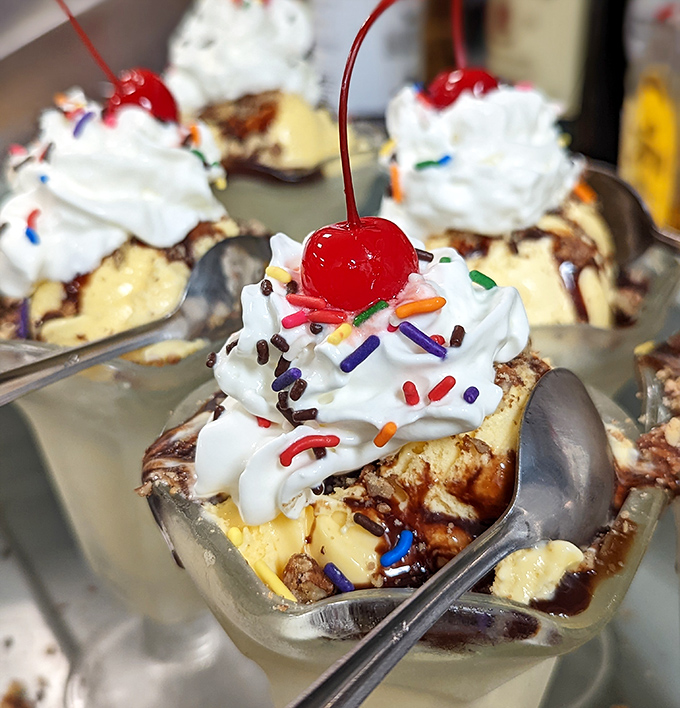 Ice cream sundaes that transport you back to childhood, when sprinkles were currency and cherries were treasure.