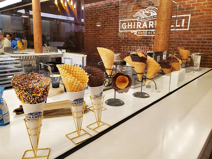 The waffle cone lineup&mdash;standing at attention like delicious soldiers ready to be drafted into your ice cream fantasy army.