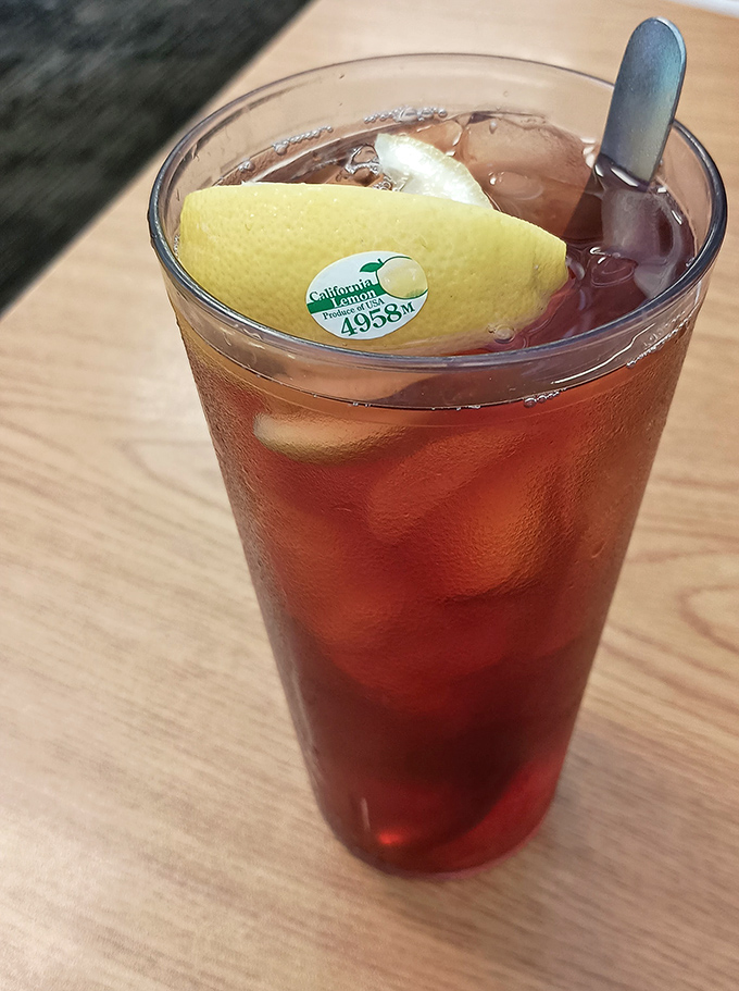 Sweet tea with a lemon wedge—Florida's unofficial state beverage and nature's perfect counterbalance to a hearty breakfast.