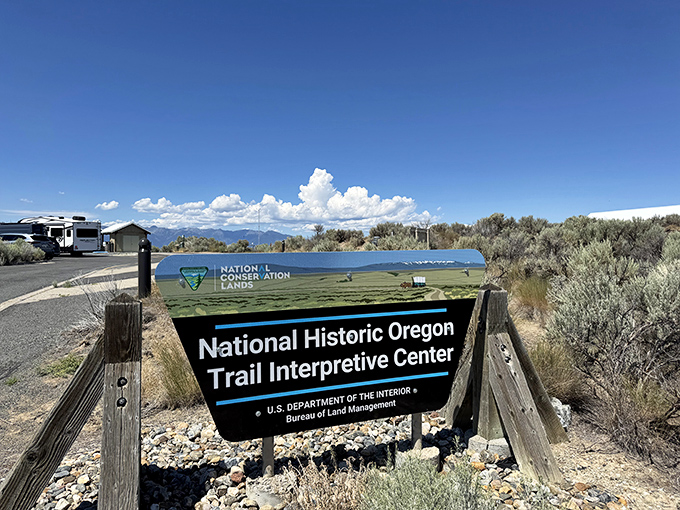 The National Historic Oregon Trail Interpretive Center sign marks the spot where history comes alive without the admission prices of big-city museums.