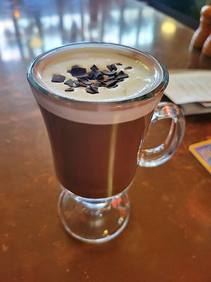 An Irish coffee that warms from the inside out, topped with chocolate shavings. The kind of drink that makes you wonder why all coffee doesn't come this way.