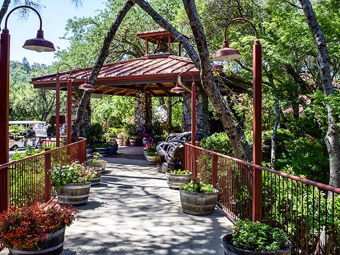 This charming covered walkway at Ironstone invites visitors to stroll, sip, and forget about their inbox for a while.