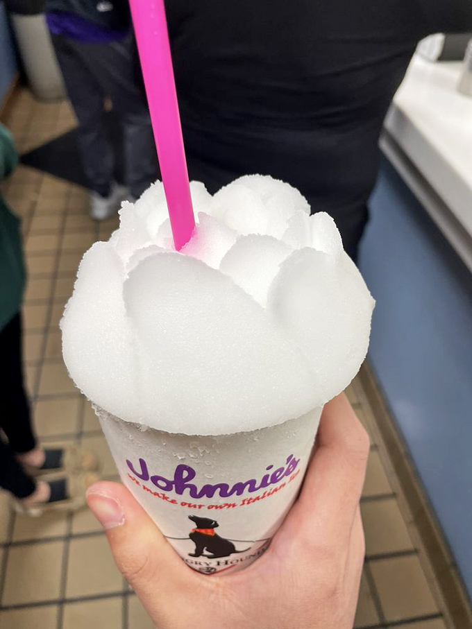 The legendary Italian ice&mdash;a frosty mountain of sweet relief after the savory symphony. The pink straw is your climbing gear.