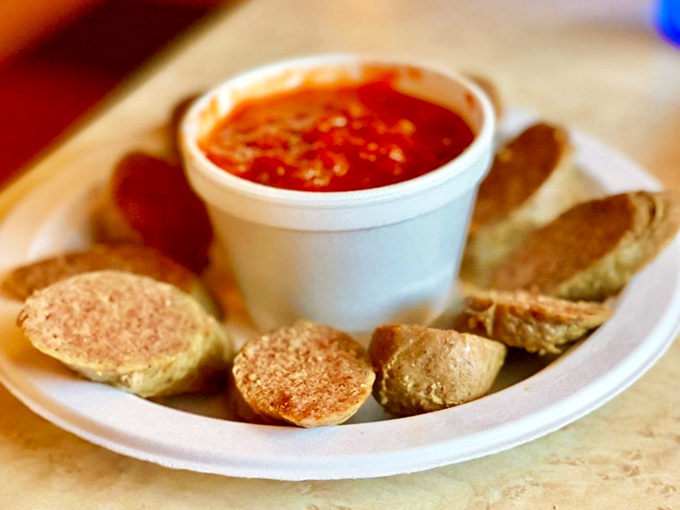 Marinara: the dipping sauce that launched a thousand carbs. These Italian sausage links are merely vehicles for that vibrant red gold.