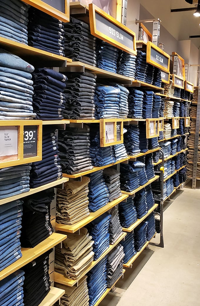 Denim paradise where jeans are stacked with military precision. Find your perfect fit without needing to take out a second mortgage.