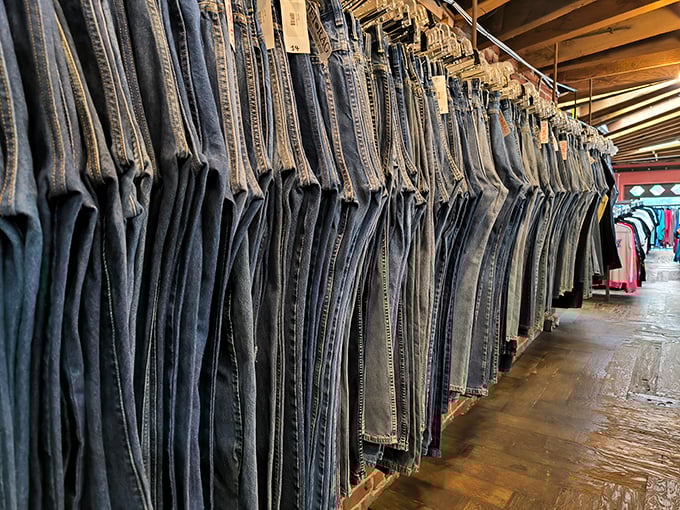 The legendary denim wall at Jet Rag &ndash; where jeans from every era hang like a textile timeline of American fashion history.