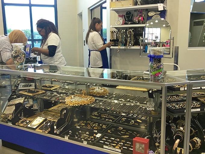 Behind glass, yesterday's accessories await tomorrow's outfits&mdash;the jewelry counter is where patience rewards the dedicated treasure hunter.