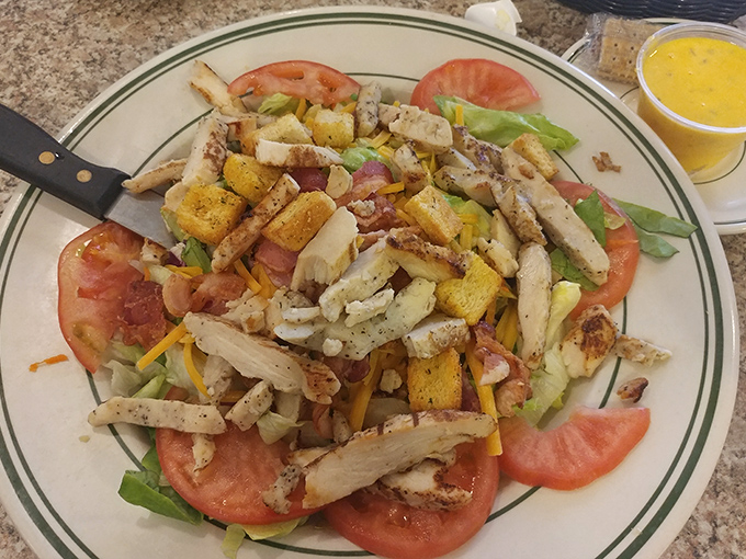 Jill's Salad brings garden-fresh vegetables and grilled chicken together, proving healthy choices don't require sacrificing flavor or satisfaction.