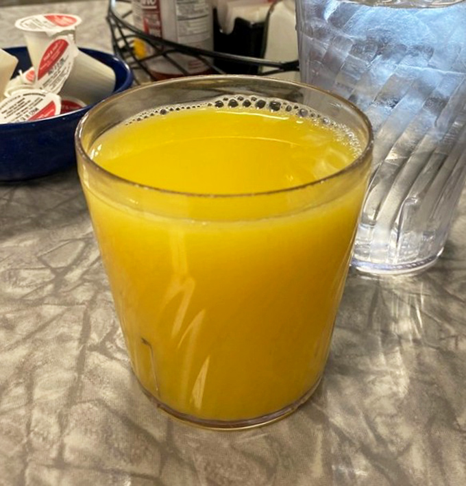 Orange juice so bright it could substitute for your morning sunshine. No fancy cold-pressing needed&mdash;just honest citrus in a glass.