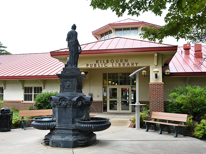 The Kilbourn Public Library stands as a testament that even in Waterpark Capital USA, quiet contemplation and good books never go out of style.