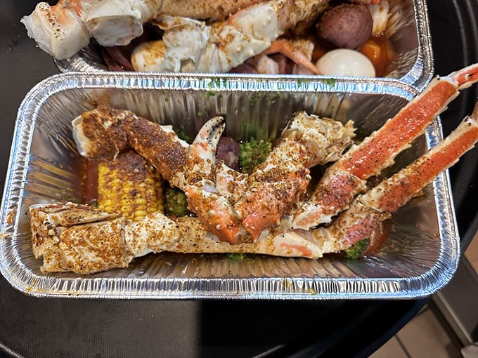 King crab legs and seasoned delights in their aluminum throne. Royalty doesn't always wear a crown&mdash;sometimes it wears Old Bay.