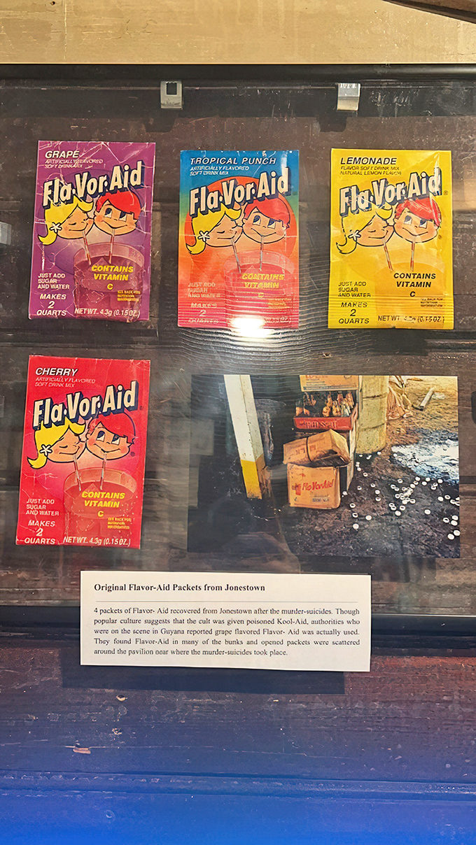 Original Flavor-Aid packets recovered from Jonestown after the 1978 mass suicide. Everyday objects transformed into chilling historical artifacts that tell a tragic story.