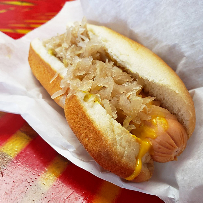 Sauerkraut lovers, meet your soulmate &ndash; this classic kraut dog delivers that perfect tangy crunch against a juicy, well-grilled all-beef frank today.