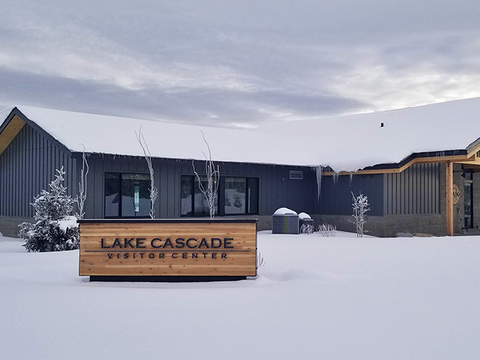 Winter transforms the Lake Cascade Visitor Center into a snow-globe scene straight from a holiday card&mdash;proof that Cascade embraces all four seasons with equal charm.