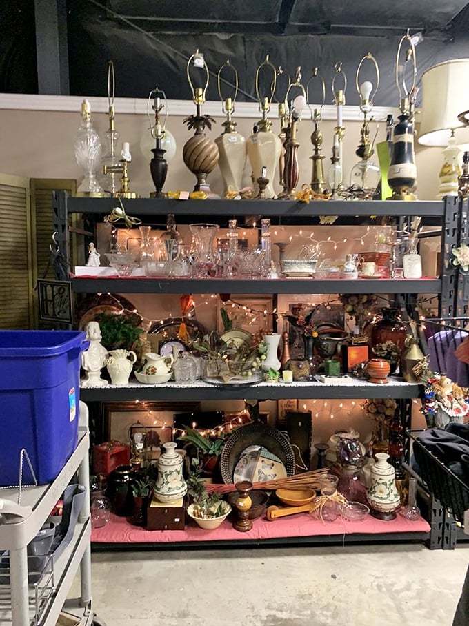 Lamps and decor that tell stories of homes past. Like archaeological layers of American interior design, each shelf reveals another domestic era.