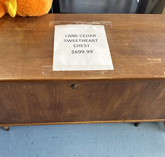 A Lane Cedar Sweetheart Chest worth seven hundred bucks new, sitting here like vintage royalty awaiting its kingdom.