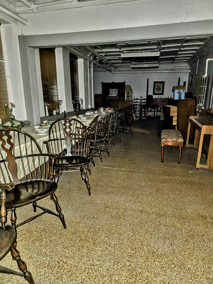 Dinner is served... but no one's coming to the table. These empty chairs await phantom guests in a dining room frozen in time.