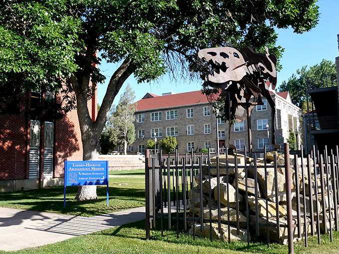 The Louden-Henritze Archaeology Museum greets visitors with a prehistoric greeter &ndash; nothing says "welcome" quite like a dinosaur skeleton silhouette.