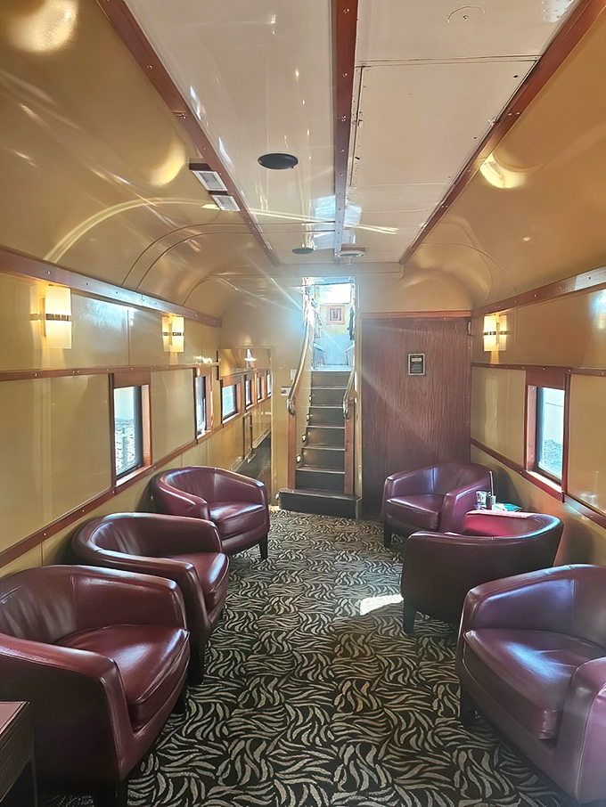 First-class luxury from another era: leather club chairs and art deco details transport passengers back to rail travel's golden age.