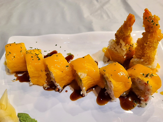 Mango rolls bring tropical sunshine to your Utah table. The vibrant presentation is like edible modern art that tastes even better than it looks.
