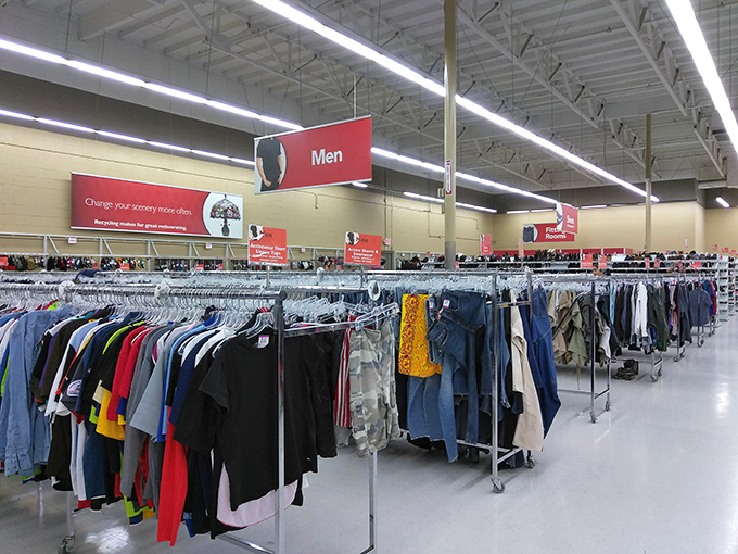 Men&rsquo;s department: where graphic tees, jeans, and camo shorts coexist peacefully under the glow of endless fluorescent lights.