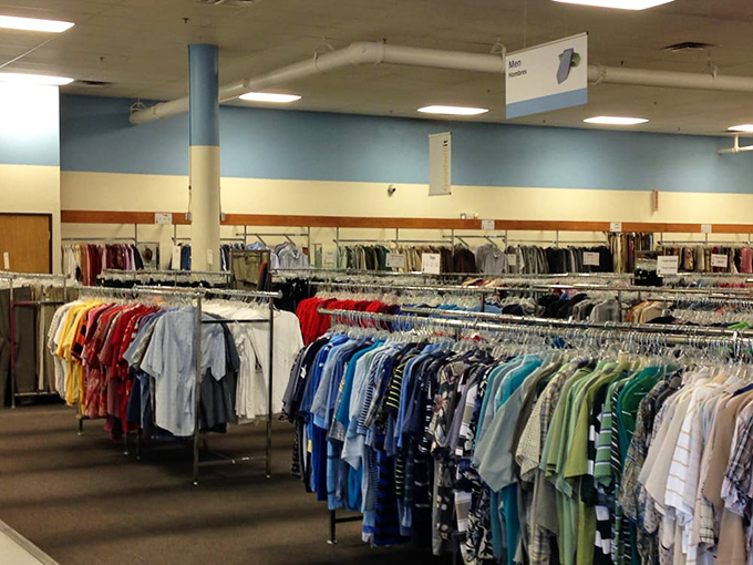 The men's department offers a sartorial journey through decades of fashion, organized by color for the visually-minded bargain hunter.