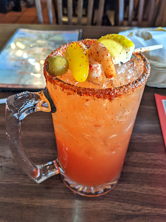 A perfectly garnished michelada with a chili-salt rim is basically a salad, right? We're counting it as vegetables.