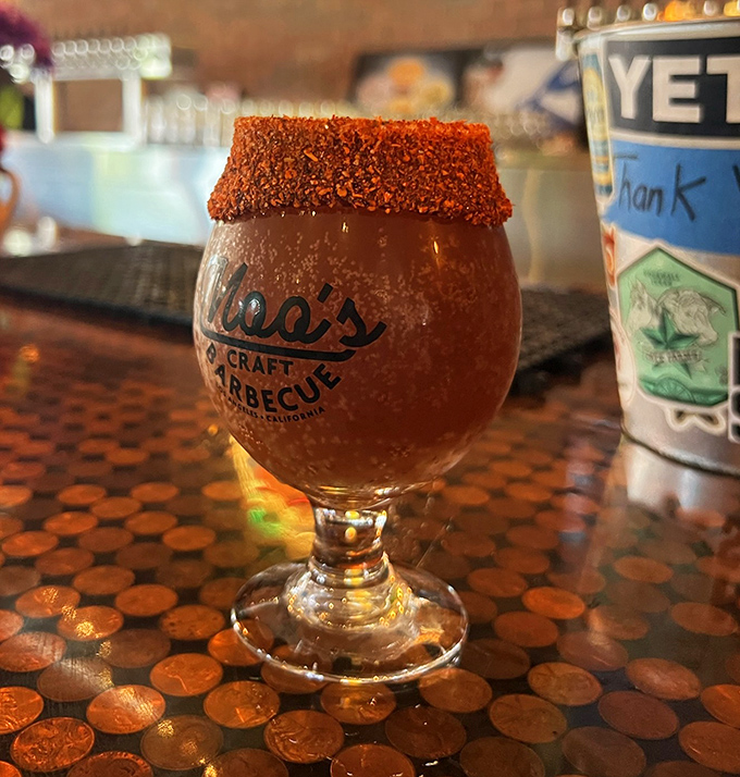 A beer glass rimmed with spice, like jewelry for your beverage. This michelada is dressed better than most people at the Oscars.