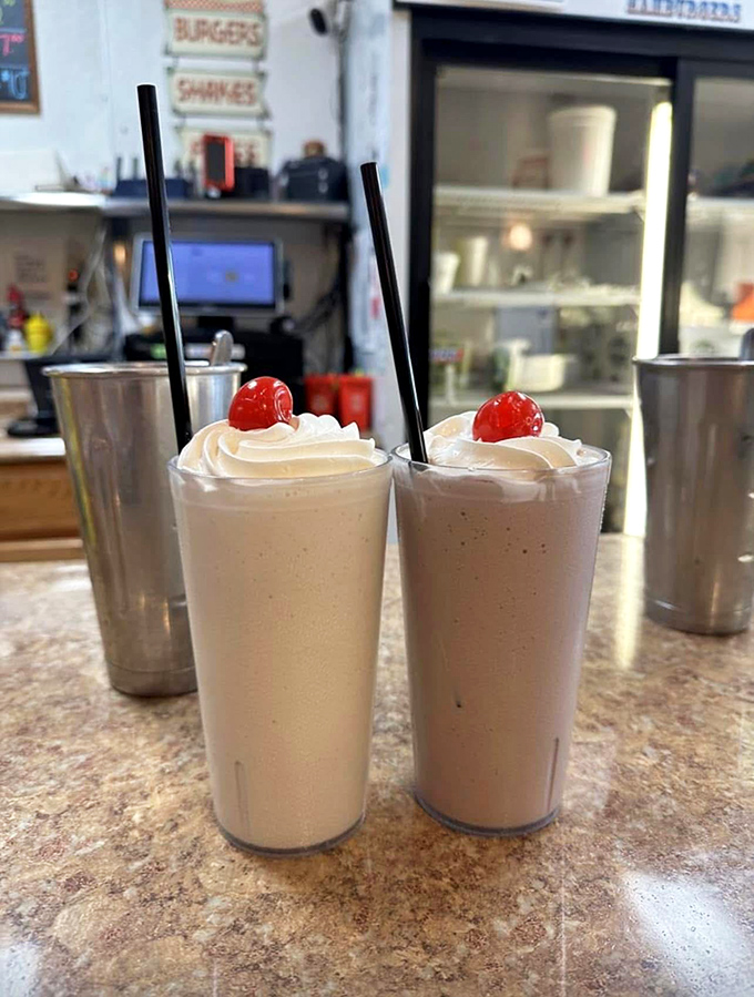 Milkshakes topped with whipped cream and cherries&mdash;thick enough to require serious straw commitment but worth every bit of the effort. 