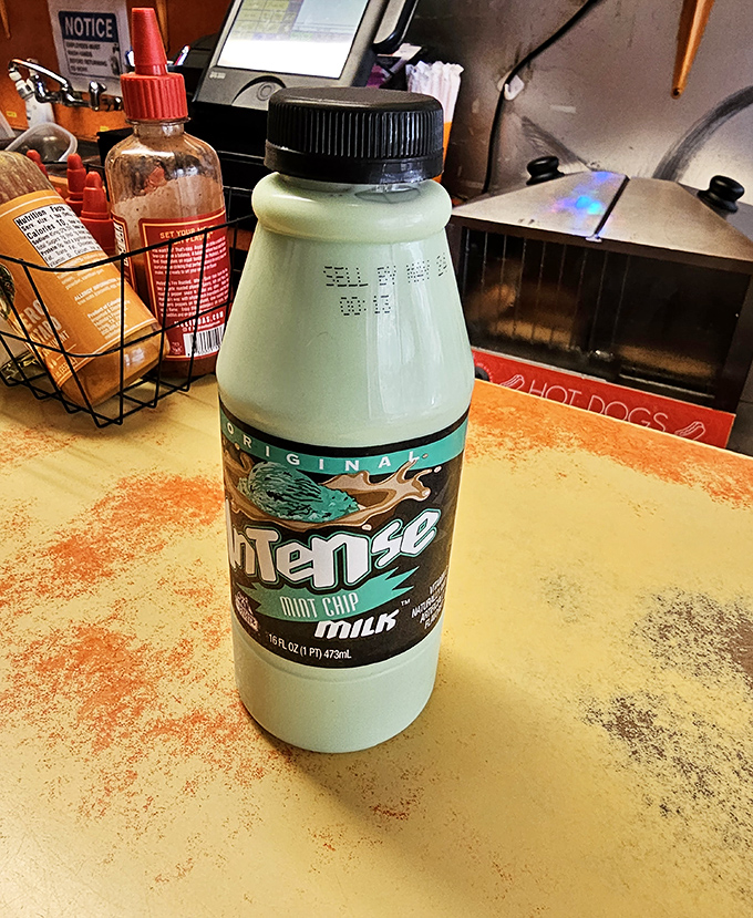 Mint chip milk: the unexpected sidekick to your hot dog adventure. Like dessert and refreshment had a delicious baby.