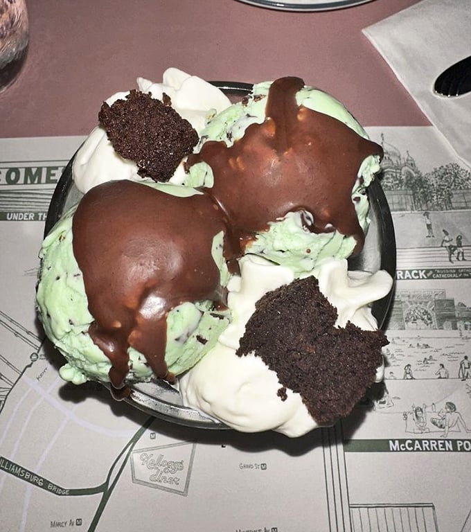 Mint chocolate chip ice cream with hot fudge and brownie chunks&mdash;proof that sometimes the best therapy comes in a chilled glass dish.
