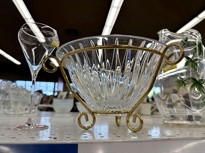 Elegance hiding in plain sight! This vintage crystal bowl with gold accents waits for someone to rescue it from thrift store anonymity.