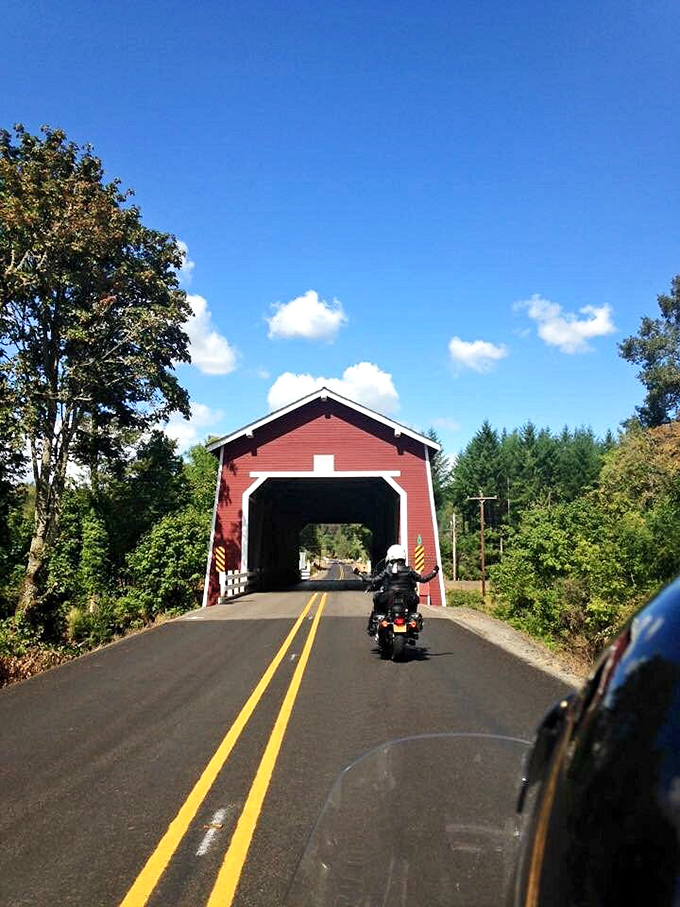 A motorcyclist enjoys the quintessential Oregon experience—cruising through a piece of living history while surrounded by towering evergreens and open road.