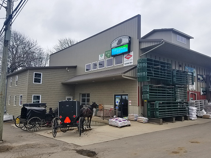 Where commerce meets community. The Mount Hope Elevator serves as both agricultural hub and impromptu meeting place for local farmers.
