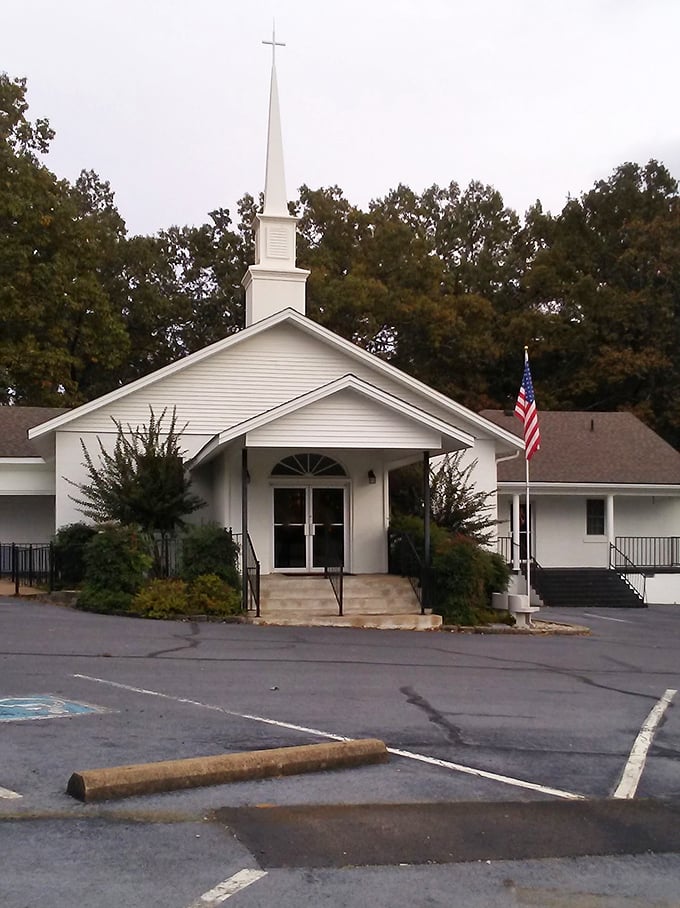 This charming white church represents the non-Amish side of Ethridge, where faith remains the cornerstone of community life.