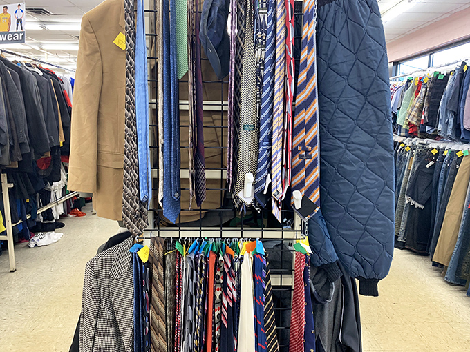 The necktie jungle: Where yesterday's power lunch accessories await their second act. Silk treasures hiding between polyester pretenders.